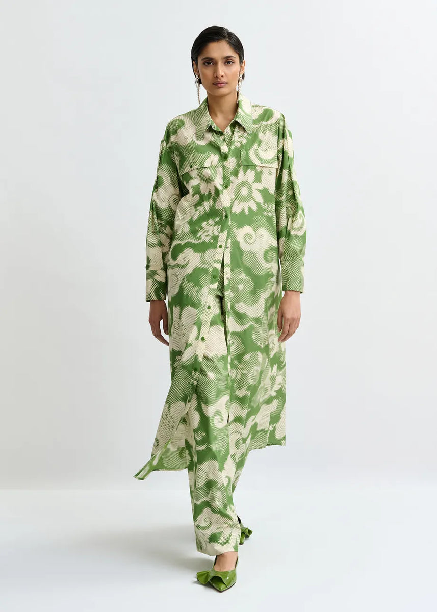 Essentiel Antwerp JAUDI Green and cream cotton-blend floral-print shir ...