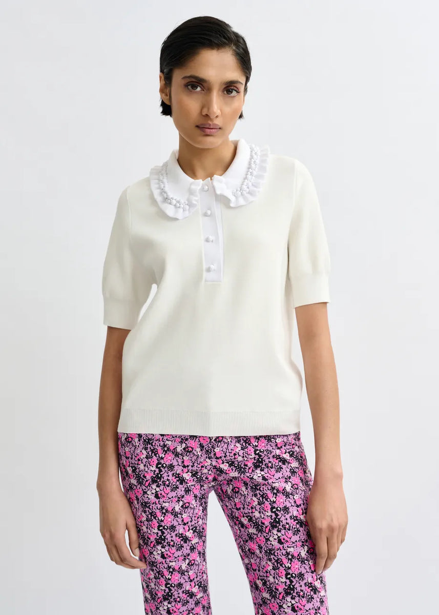Essentiel Antwerp JEWELRY White fine-knit polo top with bead embellish ...